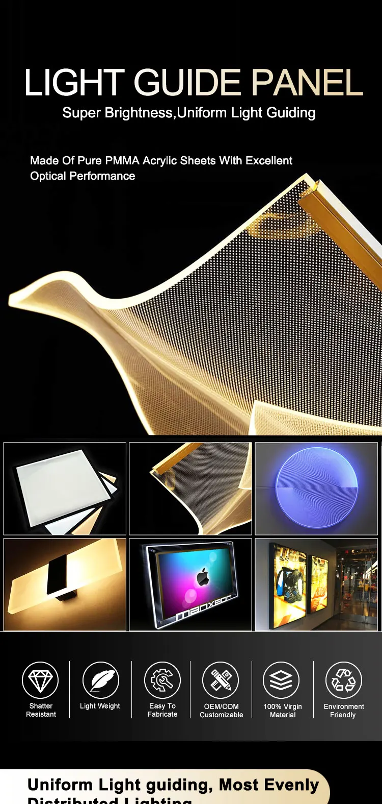 KUNXIN Clear 3mm 4mm 6mm PMMA Acrylic Laser Dotting Light Guide Panel OEM