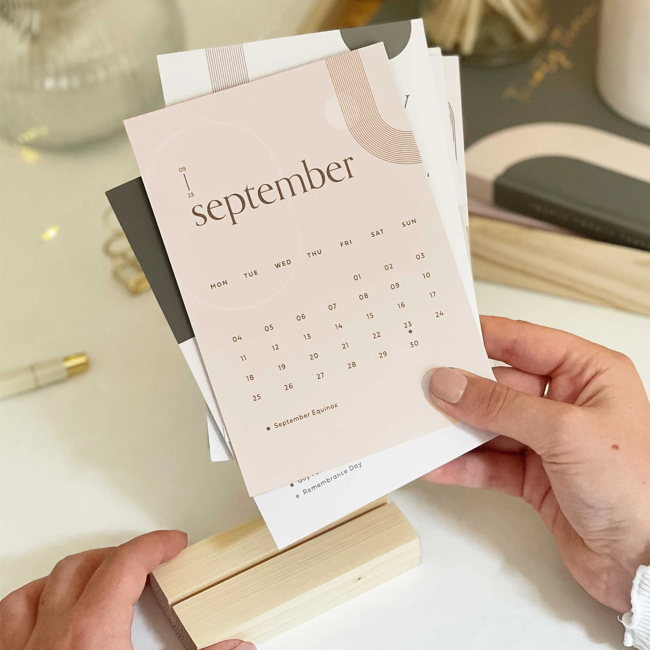 Desk Table Calendar Card with Wooden Stand - 2023/24