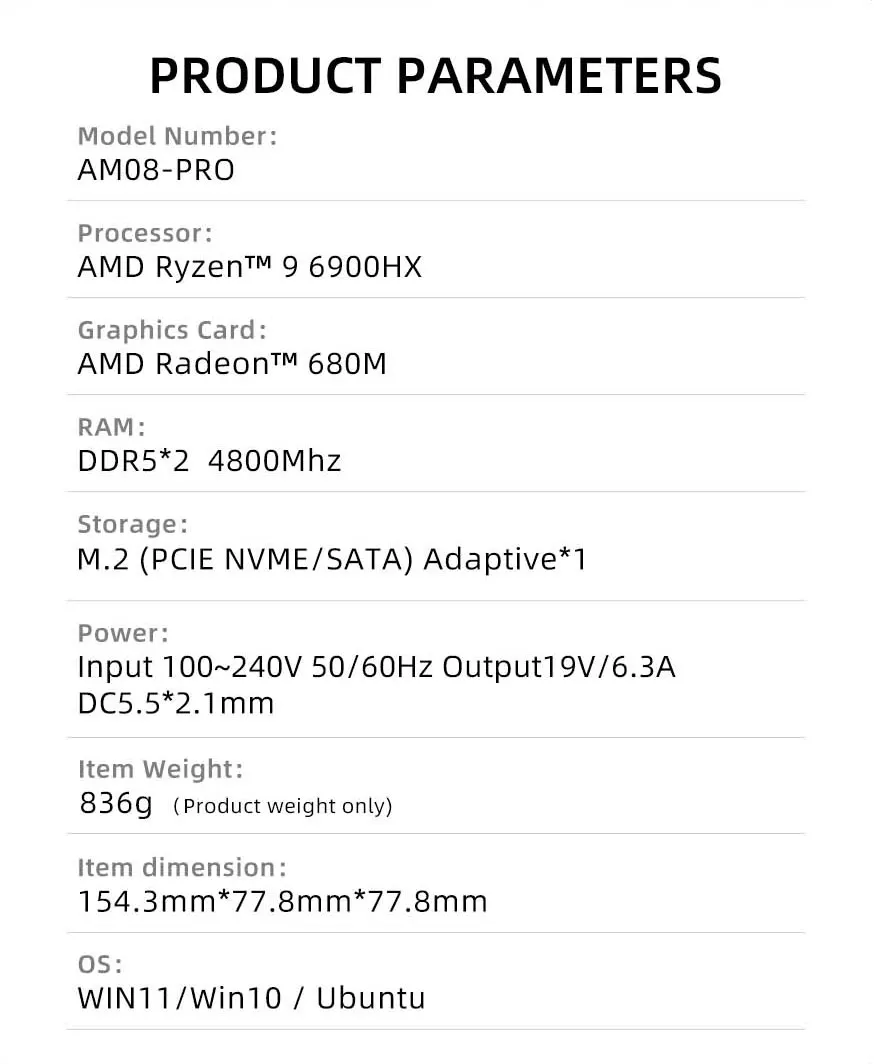 AM08PRO Gaming Mini PC - AMD Ryzen 7 7735HS up to 4.75ghz