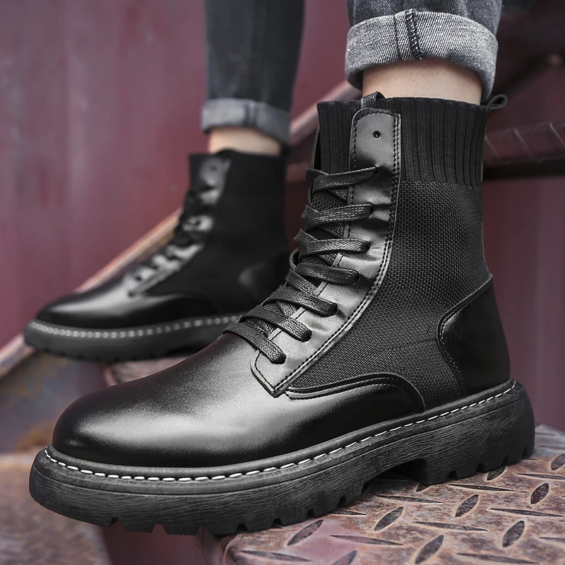 Wholesale Walking Leather Hard-wearing Waterproof Boots Black Glossy ...