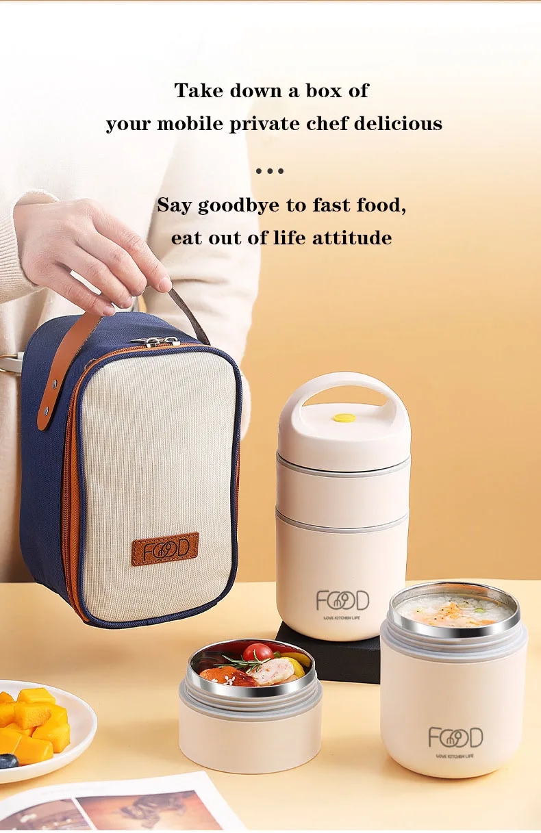 Stainless Steel Vacuum Thermal Lunch Box With Insulated Lunch Bag Food ...