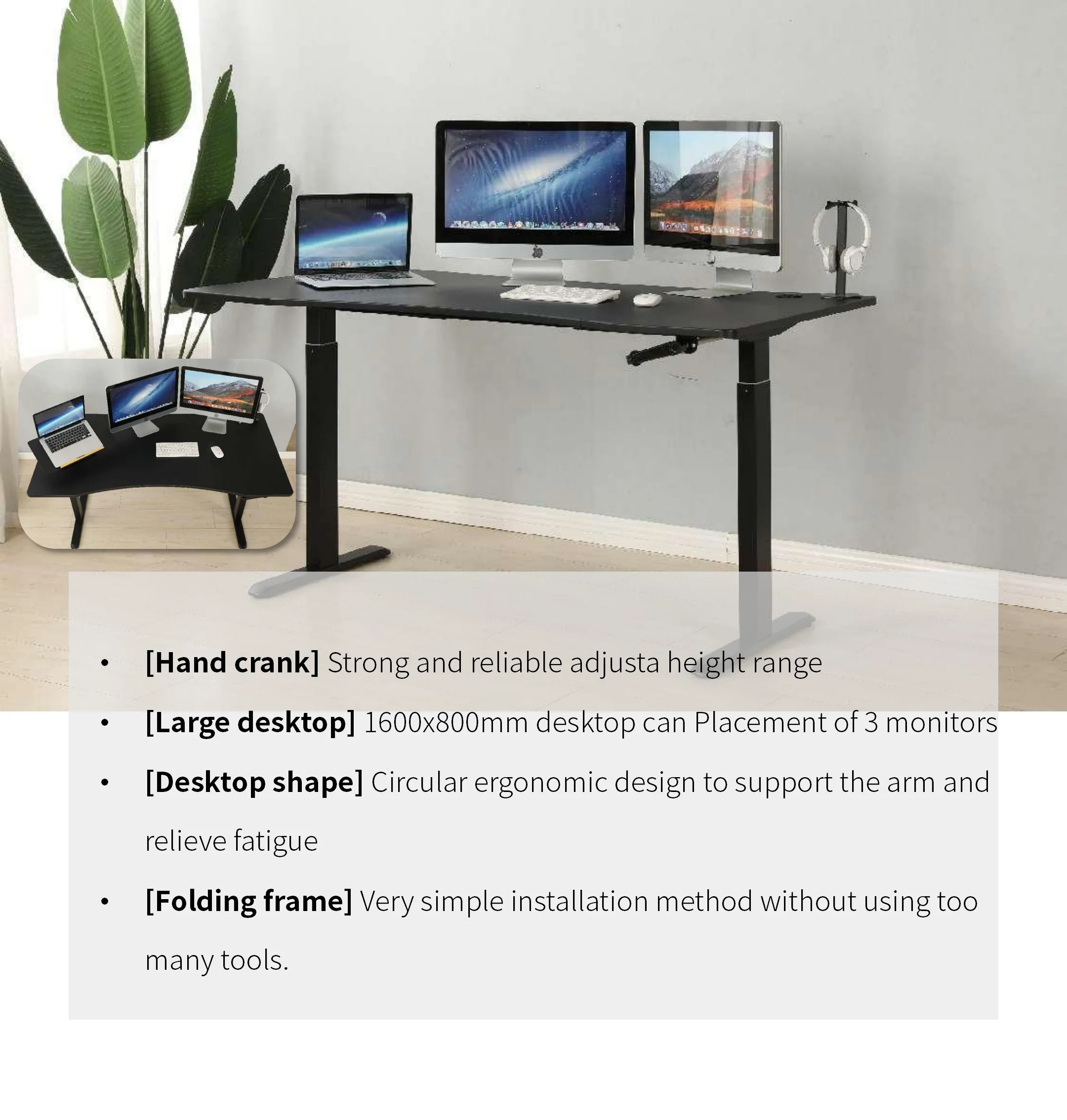 Manual Hand Crank Height Adjustable Lifting Folding Frame Office Work ...