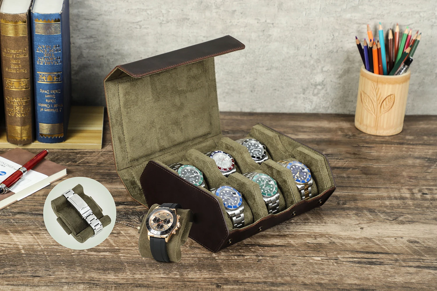 Custom 6 Slot Leather Hexagon Watch Case Box Watch Display Leather ...
