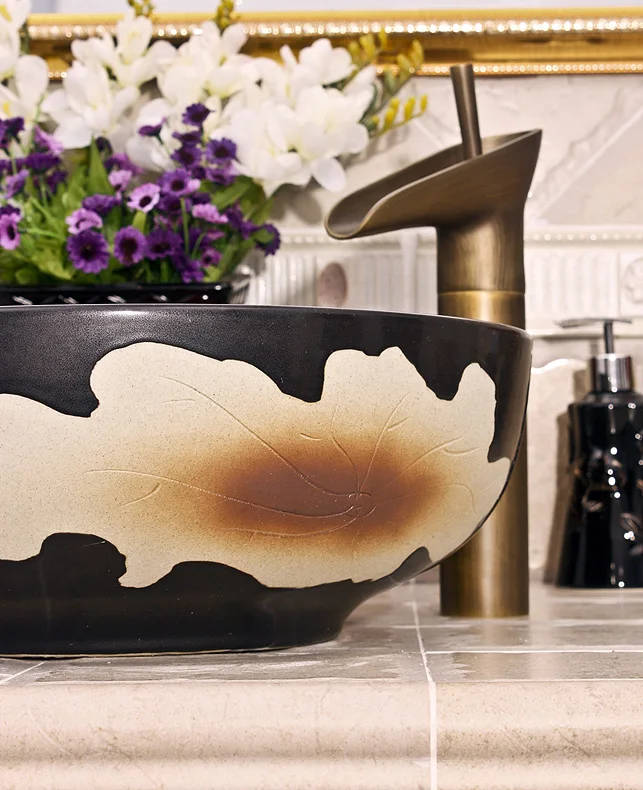 Embossed Lotus Europe Style Counter Top Basin Round Black Matt Art ...