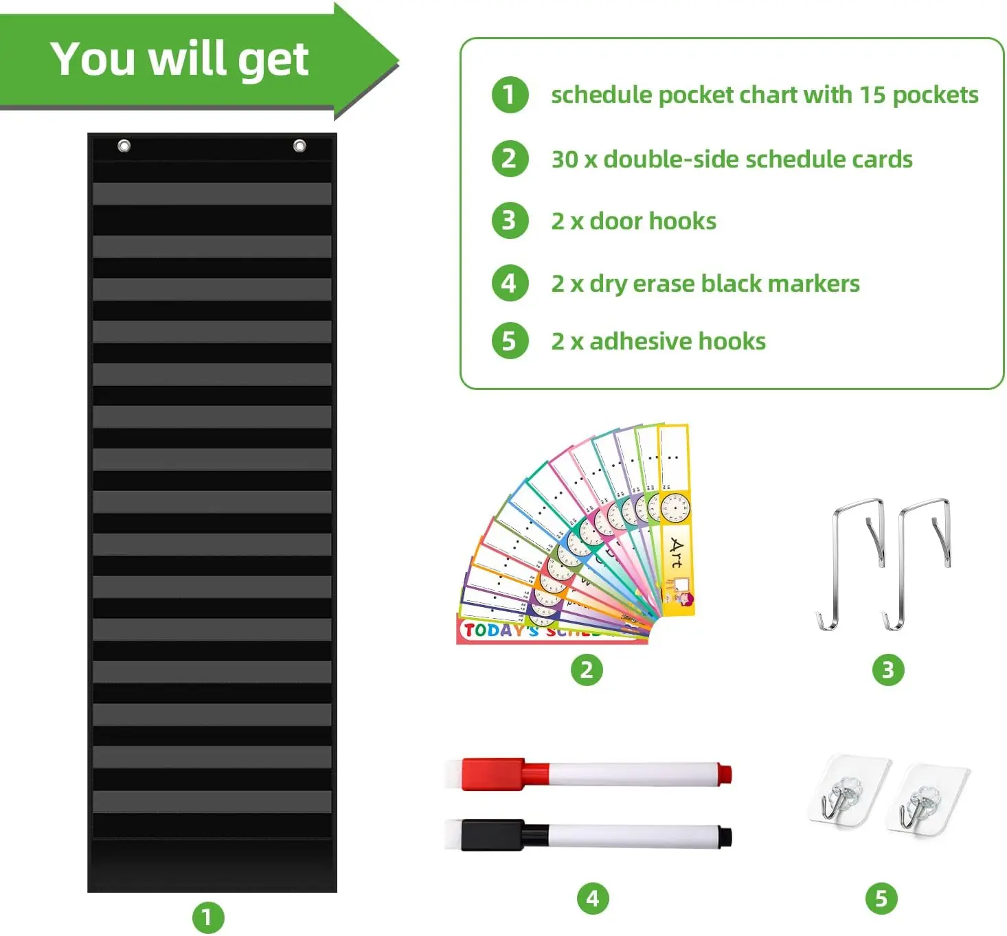 15-Pocket Daily Schedule Chart 30 Reusable Functional Storage Cards for ...