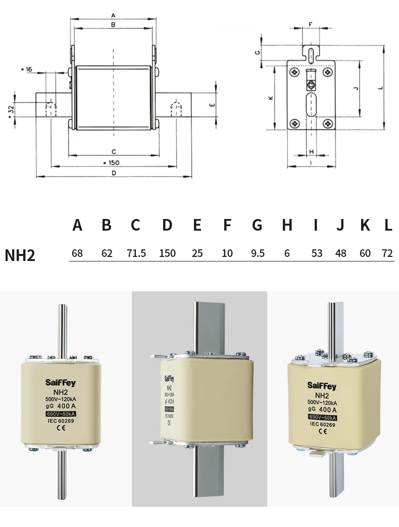Nh2 gG Semiconductor Fuse Link Hrc 400a Ceramic Fuse Link Ac500/690v ...