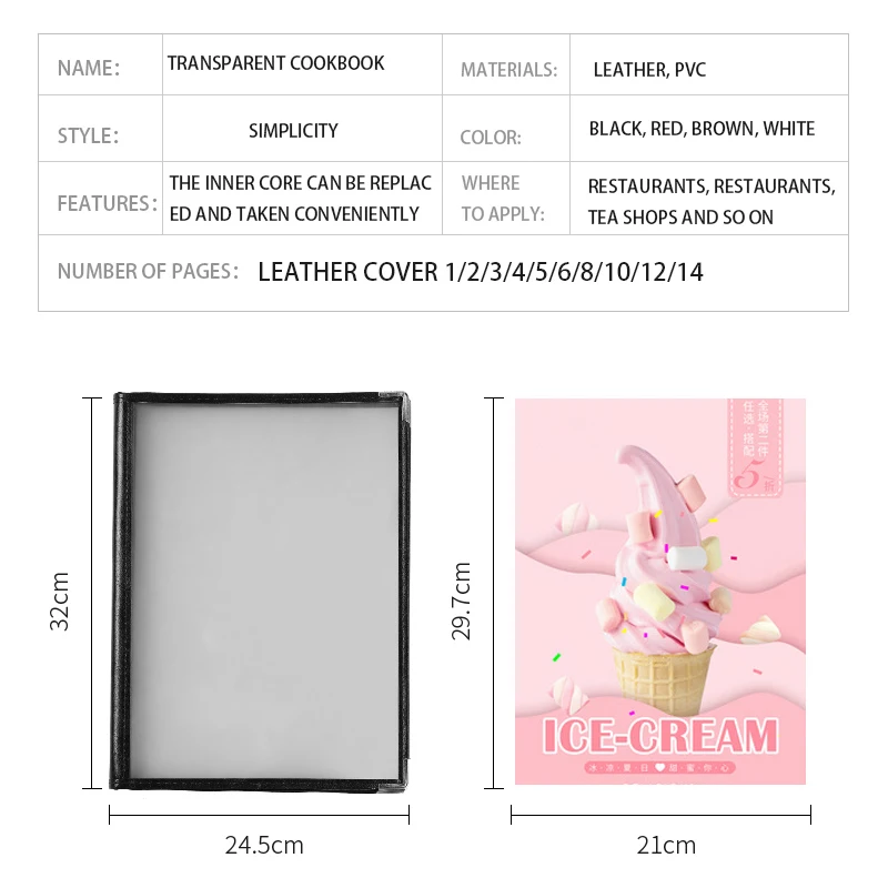 3 Pages Leather Food Menu Folders Transparent Leather Menu Covers A4 ...