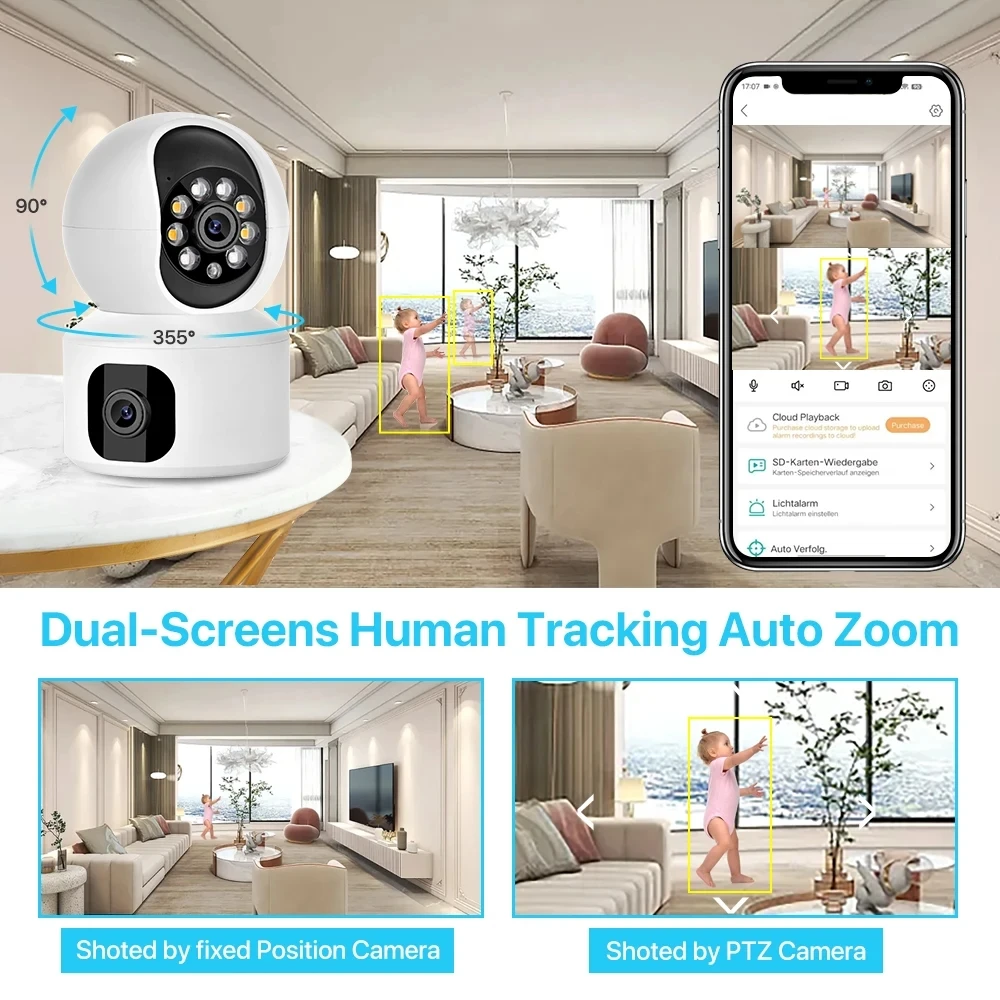 WiFi IP Camera Dual Lens Dual Screen Baby Monitor PTZ Auto Tracking ...