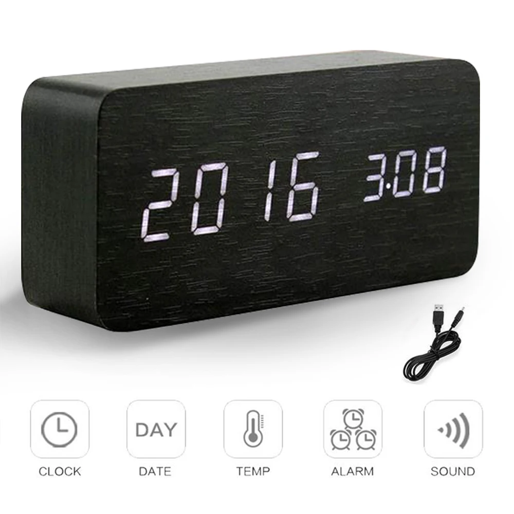 Usb Clocks Led Wooden Alarm Clock Watch Table Voice Control Digital ...