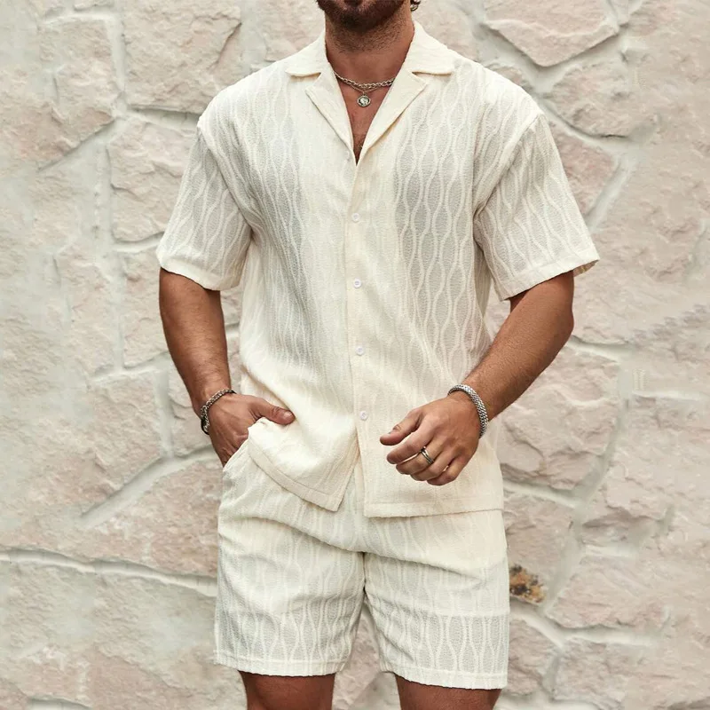 Summer Men's Jacquard Pattern Short Sleeve Shirt And Shorts Set Fashion ...
