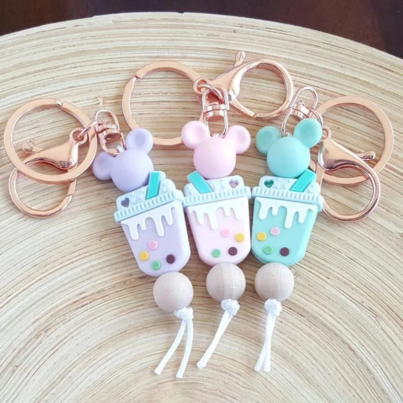 Boba Tea Mouse Head Shape Silicone Beaded Keychain Cute Bag Pendant ...