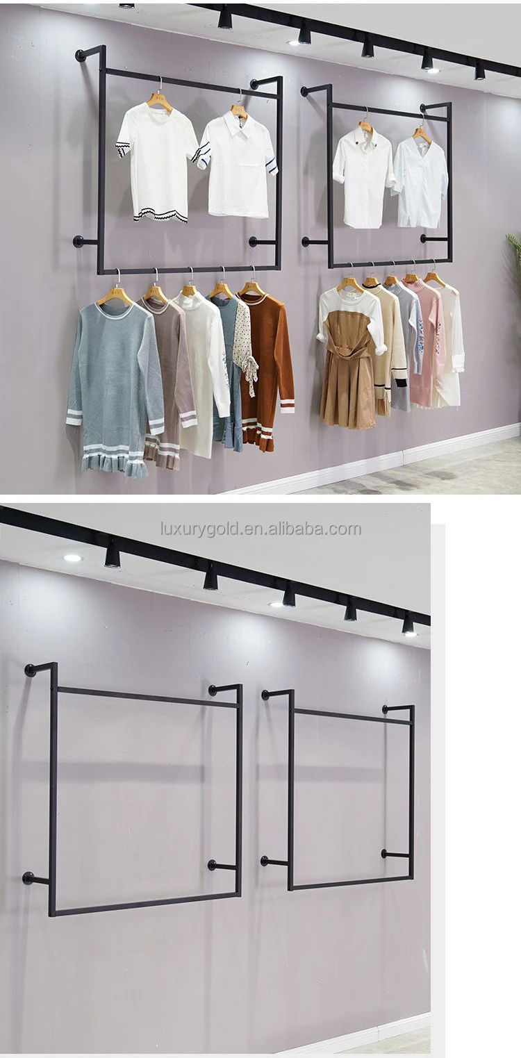 Double Pole Gold Wall Clothing Rack Boutique Black Garment Display Rack ...