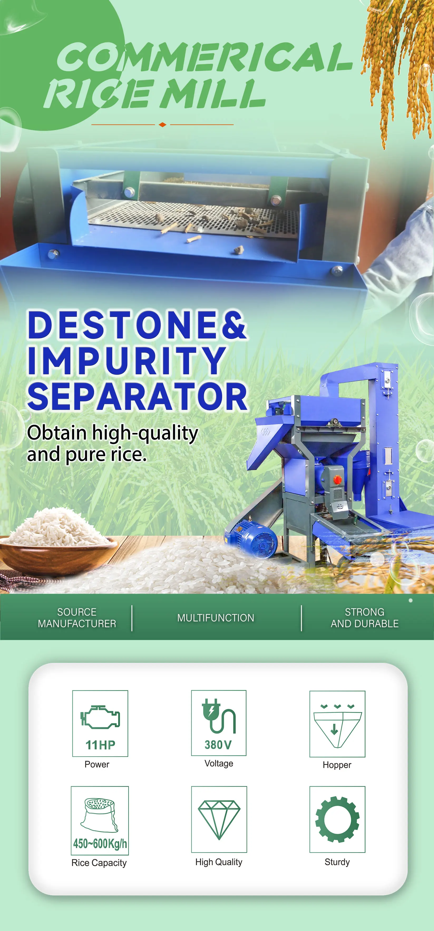 Double Vibrating Rice Sieve Paddy Husker - High Yield