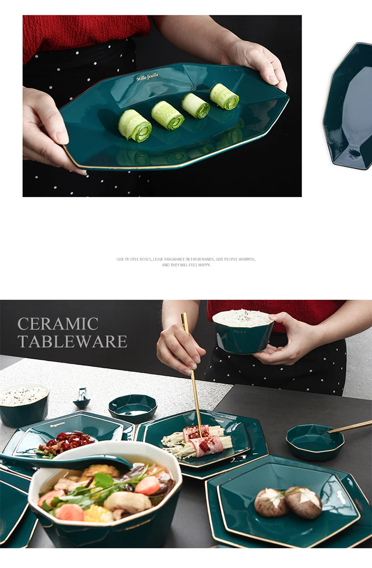 Custom Green Glaze Hexagonal Dinner Plate Set Ceramic Handmade Ceramic ...