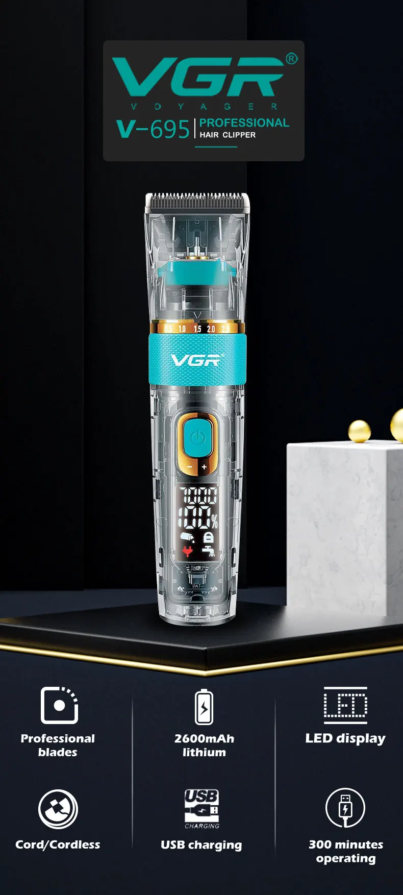 VGR V-695 Hair Clipper - Professional, Rechargeable, and Washable