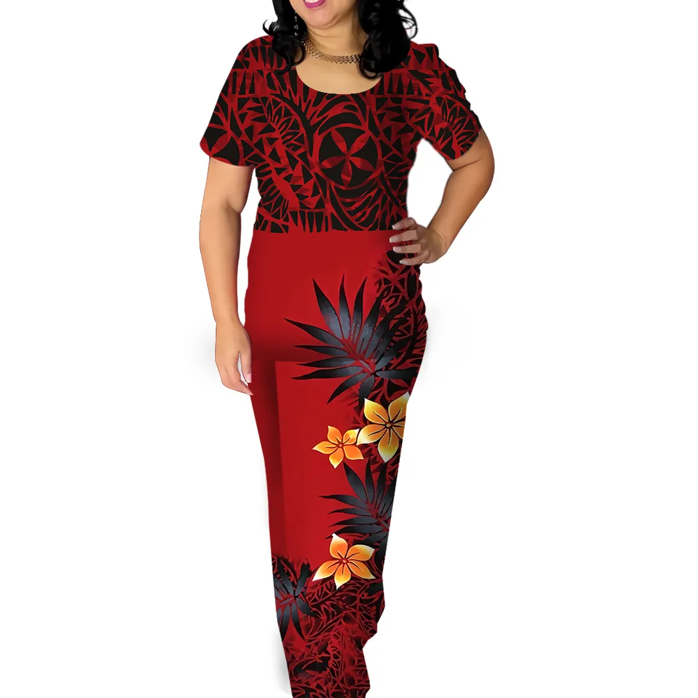 Red Polynesian Tribal Bodycon Dress Samoan Puletasi Tapa Flower ...