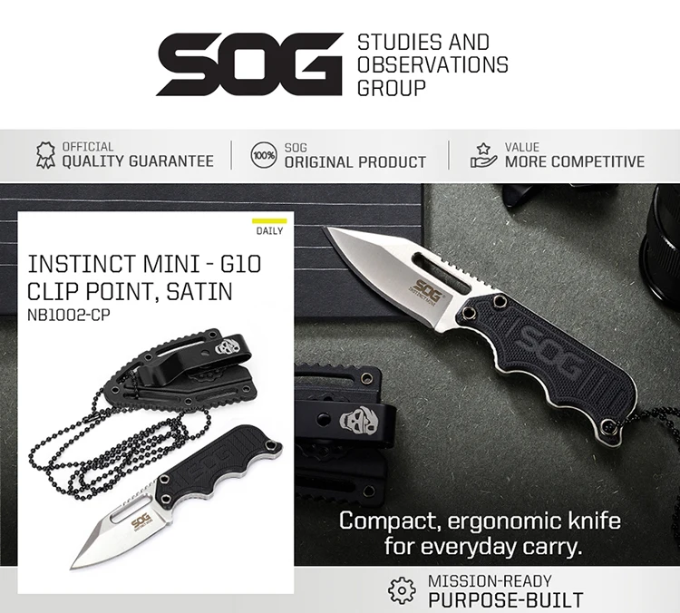 SOG Instinct Mini EDC Fixed Blade Knife 1.9 Inches Full Tang Tactical ...