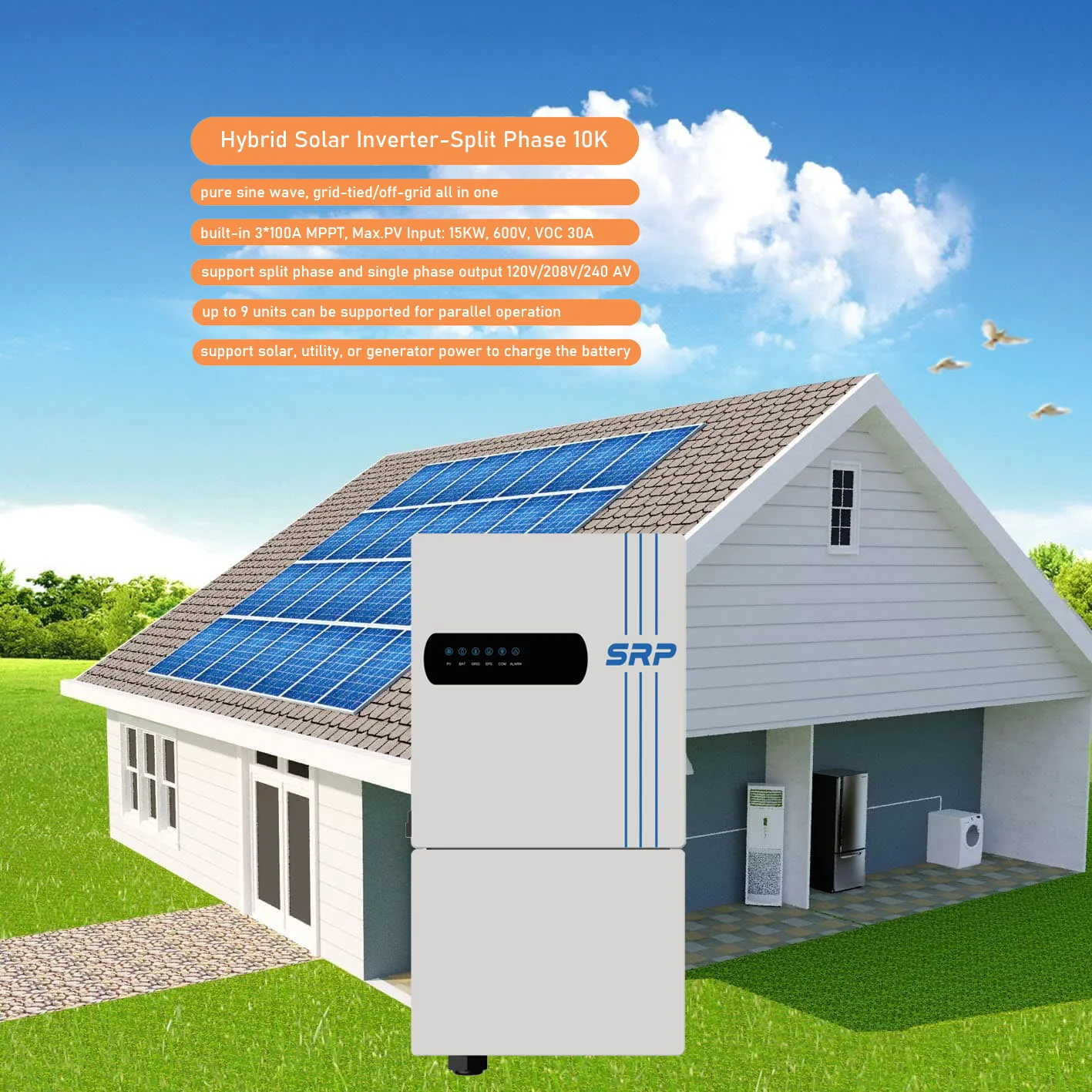 SRP Split Phase 10KW Hybrid Solar Inverter 120V 240V with 3 MPPT Solar ...