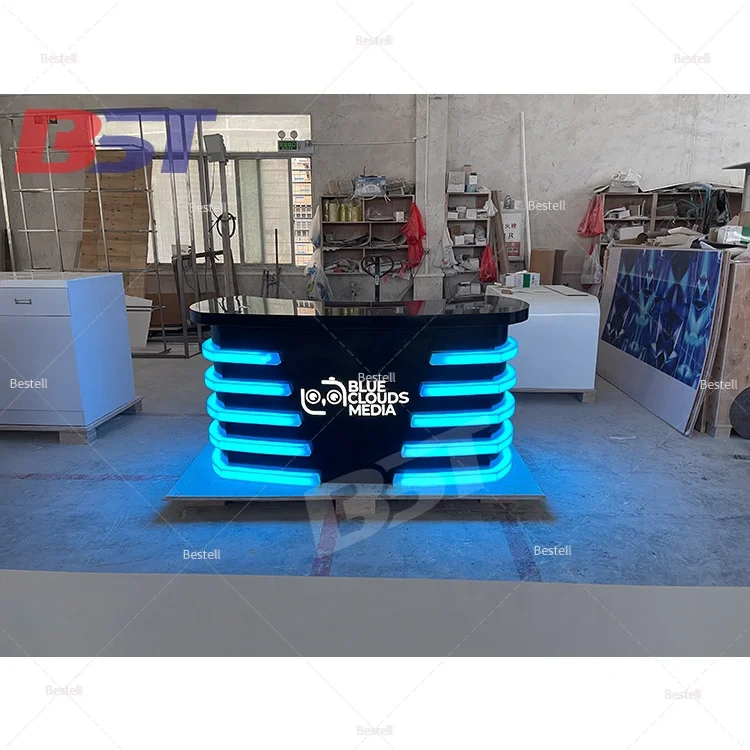 Customize Reception Desk Black Solid Surface Stone Front Counter Led TV ...