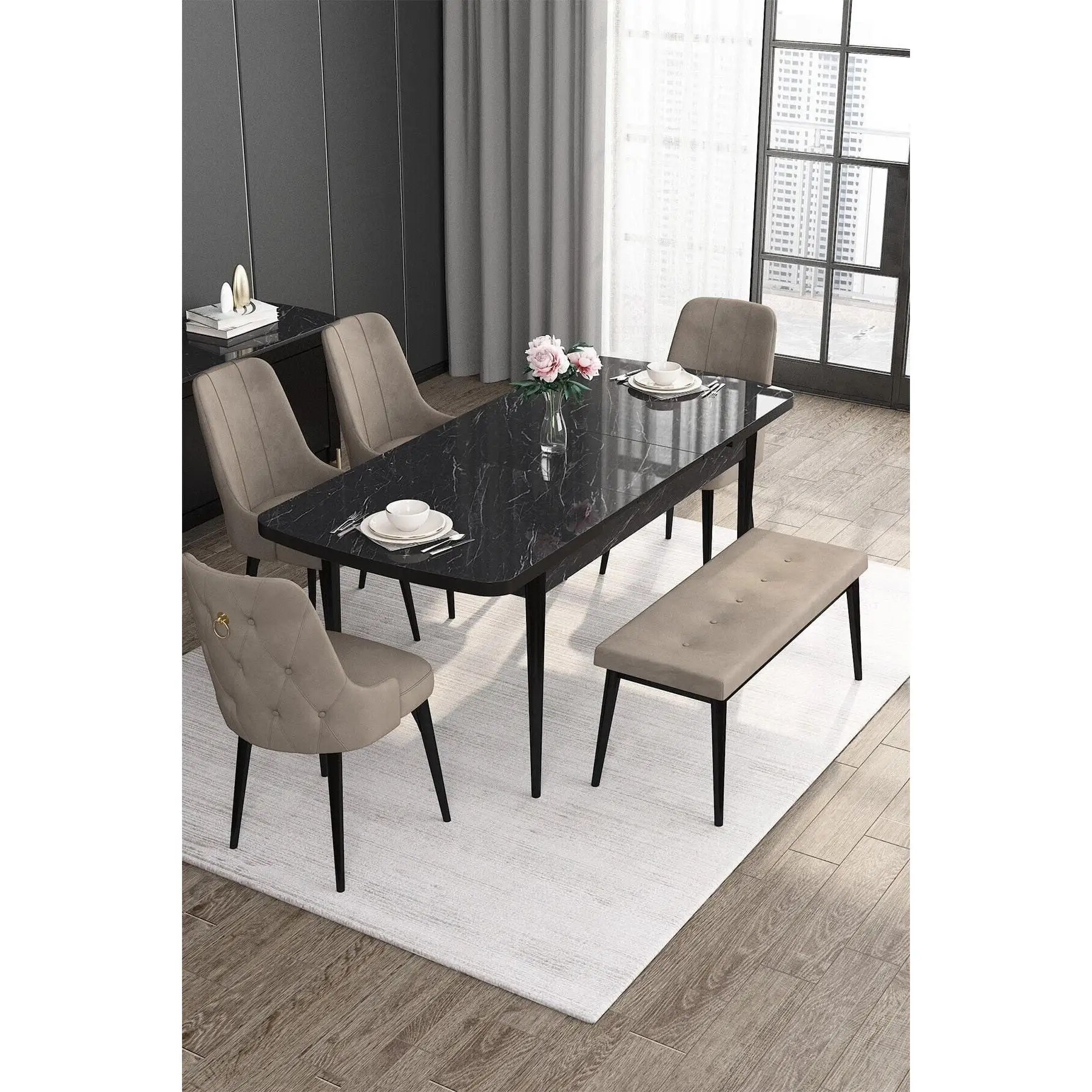 Noa Series 80x132 Extendable MDF Table Baroque Wood Patterned Kitchen ...