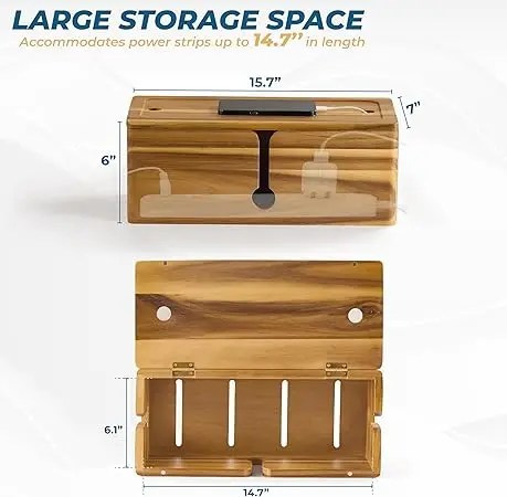 Acacia Wood Cable Management Box 3 Open Slots Large Cord Organizer for ...