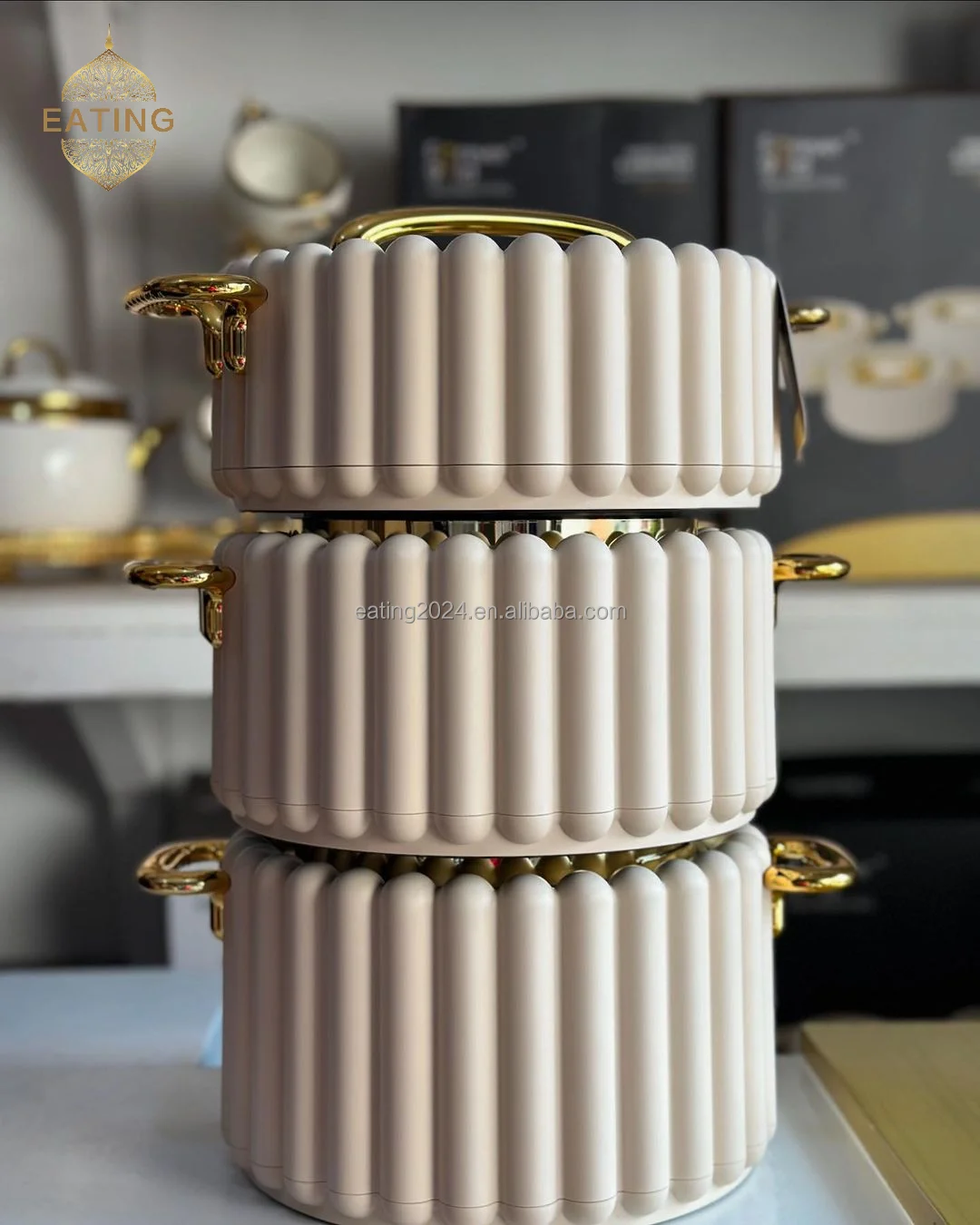 New Premium Luxury Gold Column Type Food Warmer Casserole Set 3 Pcs ...