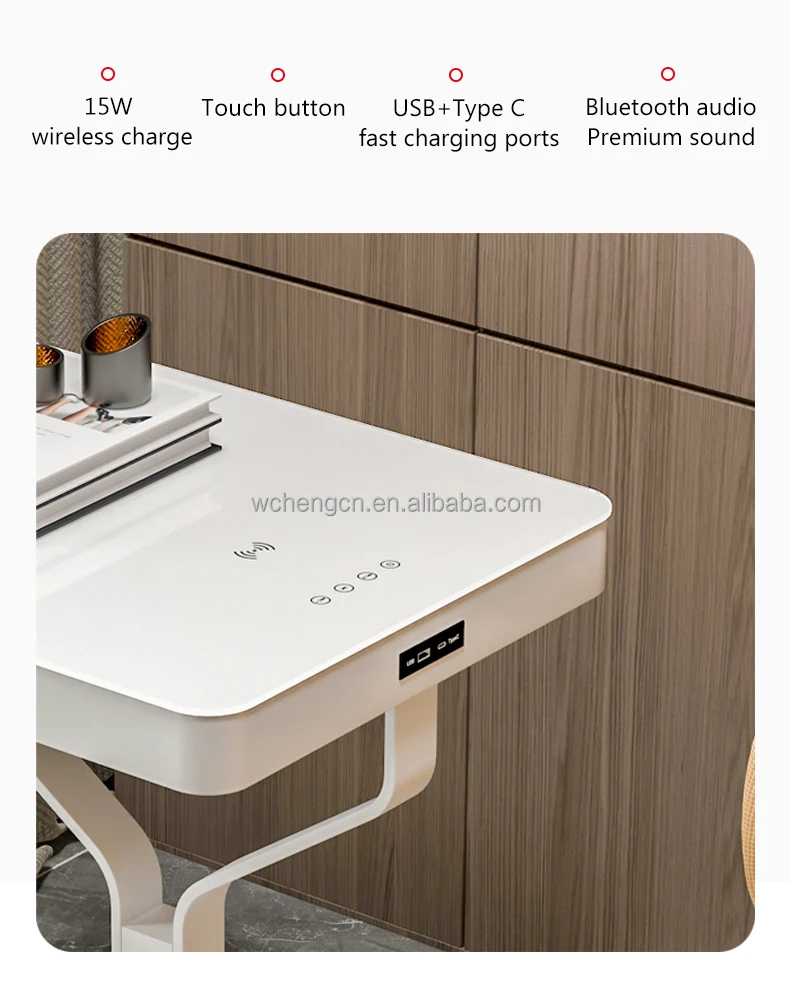Modern White Glass Top Table with USB Charging & Speakers