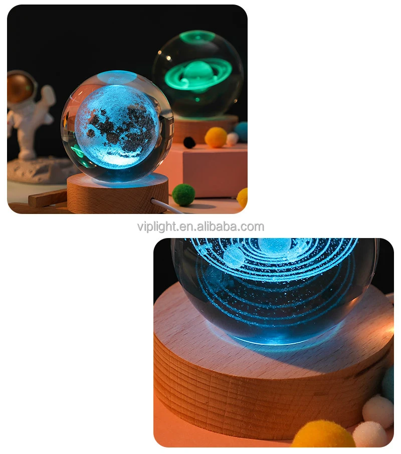 3D Rgb Crystal Round Wood Base Night Light Holder Customize Astronaut Crystal Design Dream ...