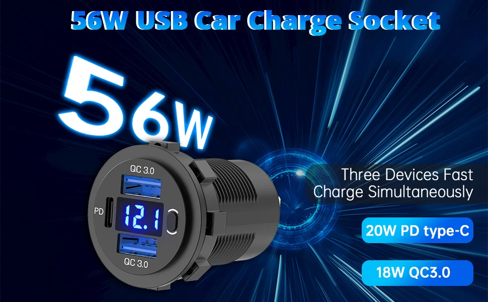 12v Power Outlet Triple Socket With 3 X Usb Qc 3.0 & Pd With Volt Meter ...