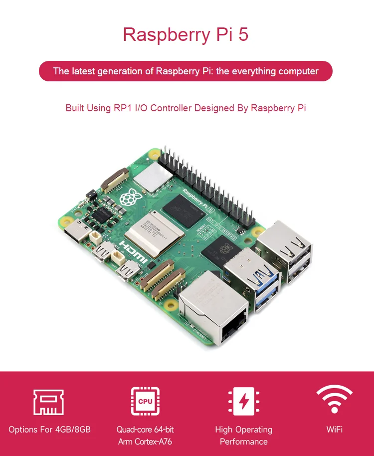 Raspberry Pi 5 4GB Development Board - Transparent Case & Fan