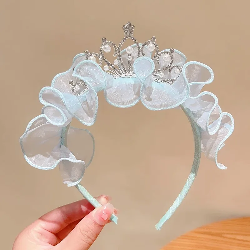 Princess Temperament Crown Tiara Little Girl Gauze Bow Pearl Headband ...