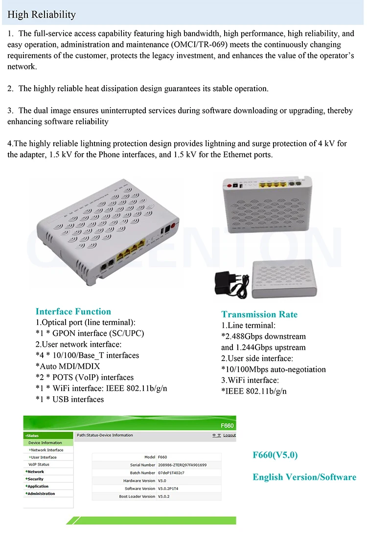 FTTH WIFI Modem Router F660 V5.0 4FE 2POTS USB WIfI Gpn Epon ONU Ont ...