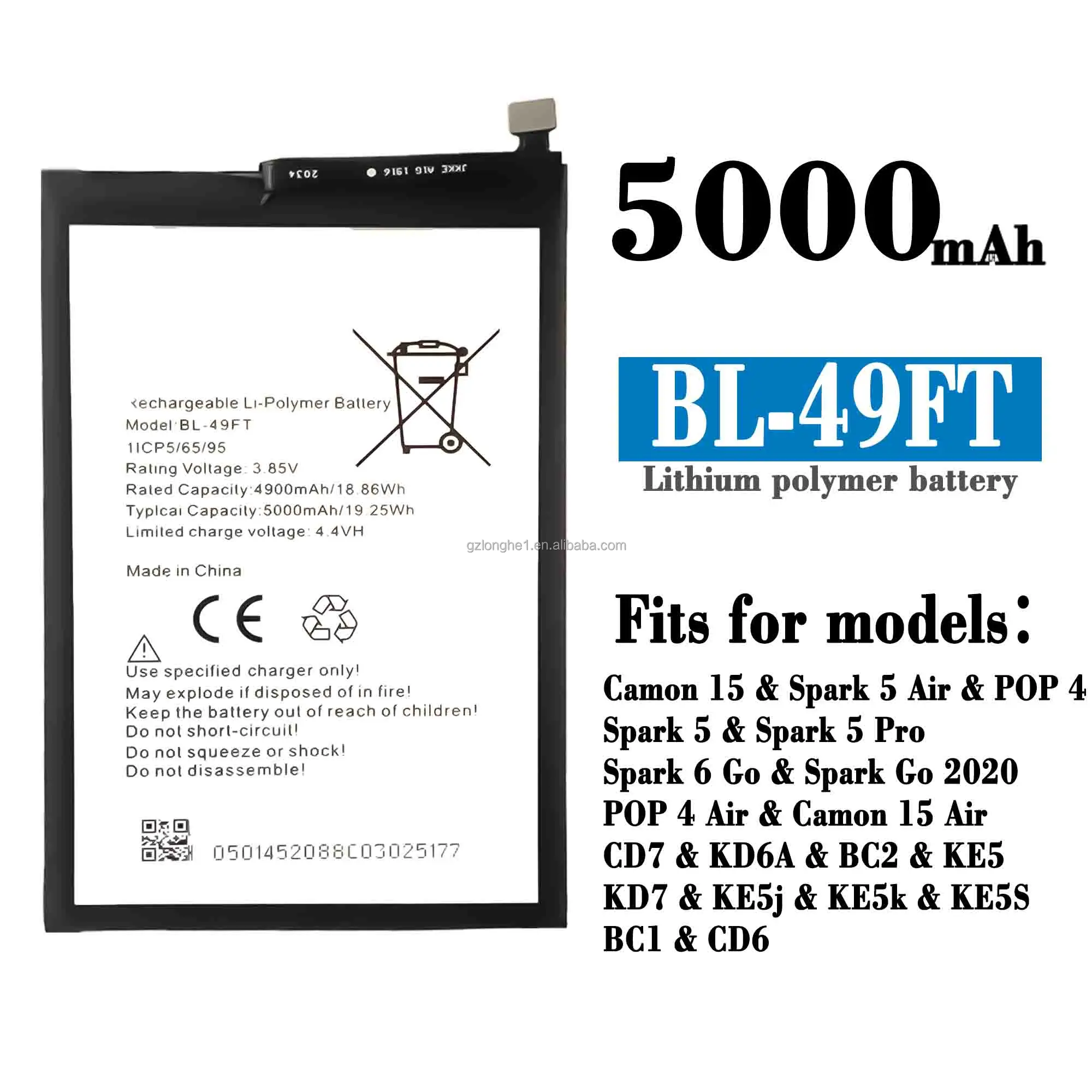 BL-49FT Rechargeable Li-Polymer Battery for Tecno Spark 5, Spark 6 ...