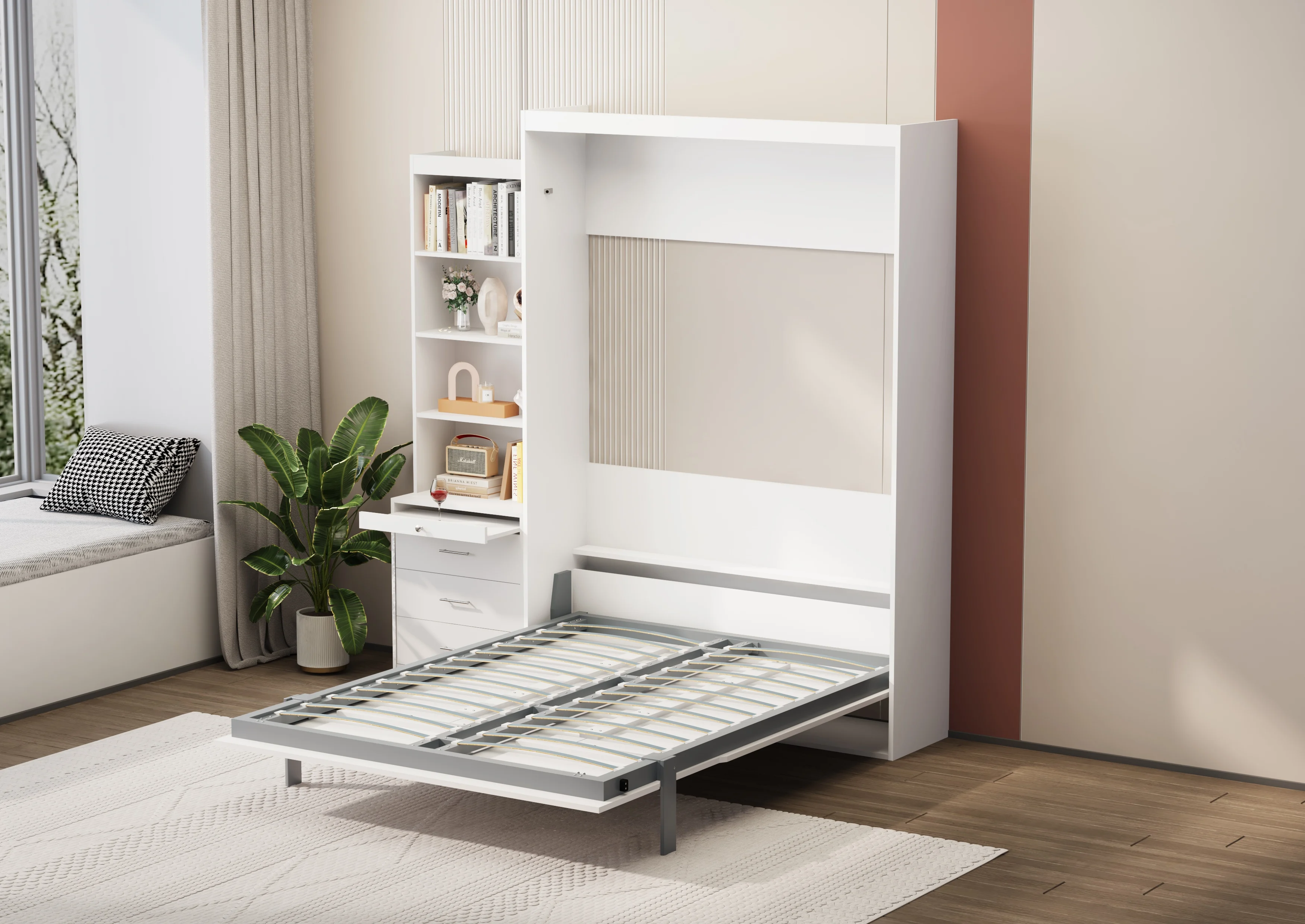 Space Saving Vertical Murphy Bed Mechanism Manual Folding Storage Hidden Wall Bed With Bookshelf ...