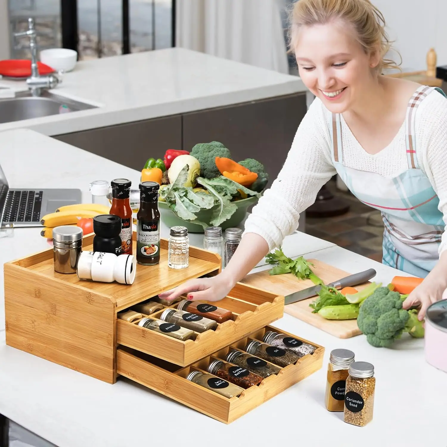 2-Layer Bamboo Spice Rack 20-Bottle Spice Jar Storage Painted ...