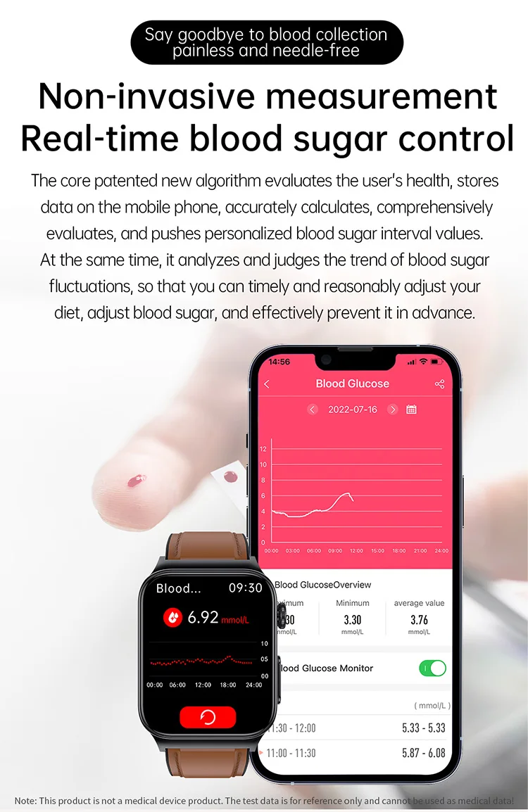 Ip68 Waterproof Smartwatch E500 Diabetic Blood Sugar Monitoring Temperature Blood Glucose Ecg ...