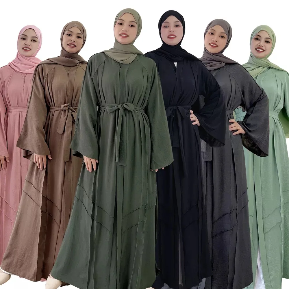 Solid Color Dubai Jibab Nida Long Wearing Belt Dress Jibab Abaya Muslim ...