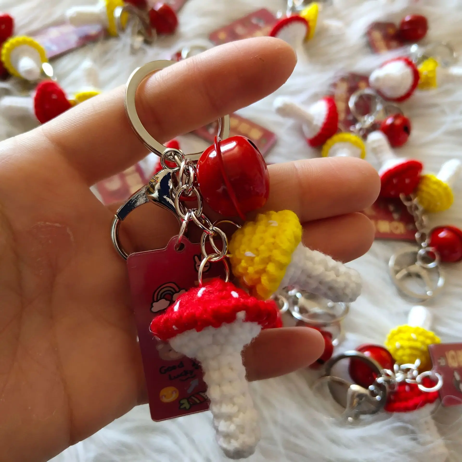 Christmas Gift Red Yellow Mushroom Keychain Crochet Pendant Backpack ...