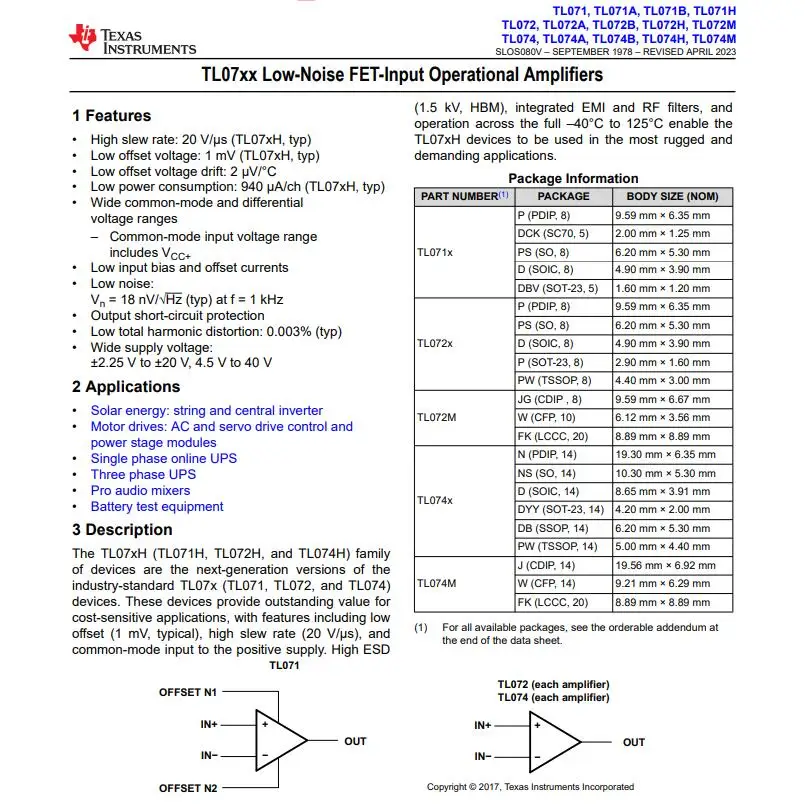 Tl072ip Ic Opamp Jfet 2 Circuit 8dip Single/dual Low Noise Amplifier Ics Operational Amplifiers ...