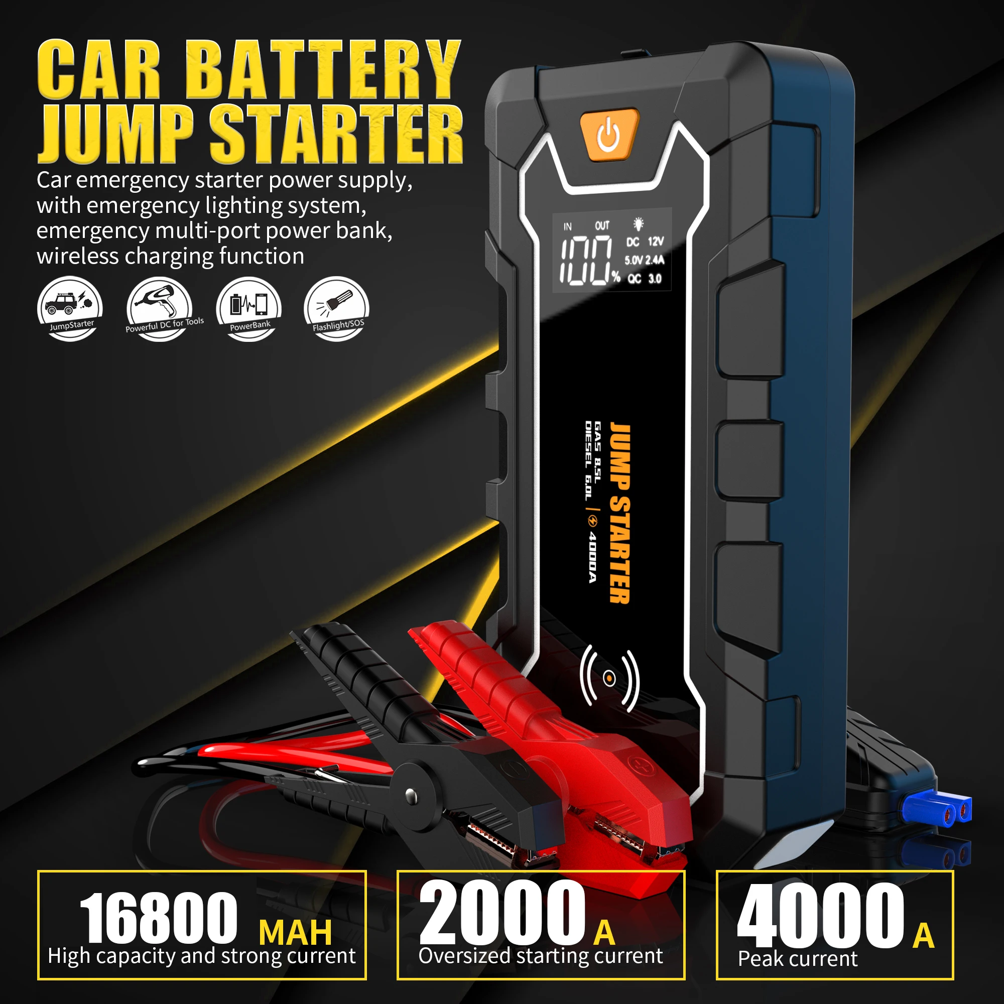 New 12v Emergency Vehicle Tools Portable Power Bank Wireless Charger Car Jump Starter - Buy Jump ...