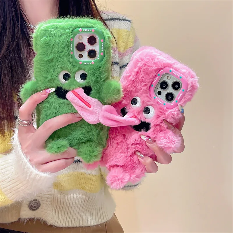 Funny 3d Cute Tongue Out Face Embroidery Plush Monster Phone Case For ...