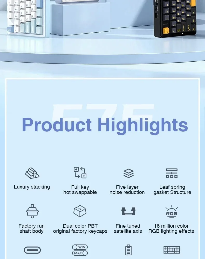 AULA F75 RGB LED 75% Keyboard OEM Logo Wired USB & 2.4G Wireless Gaming ...