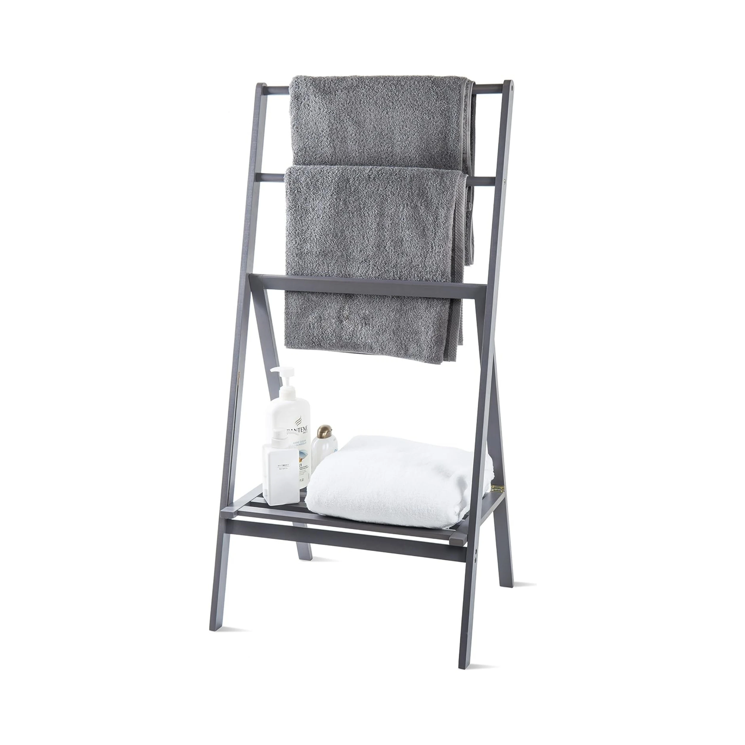 Rustic Dark Gray Solid Bamboo Freestanding Bathroom Folding Towel ...