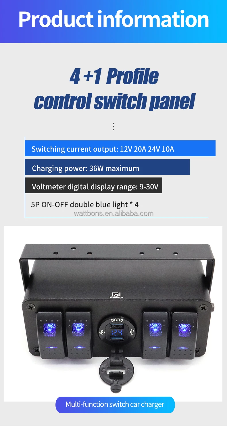 4 Gang Rocker Switch Box Waterproof 12V SPST Dual QC3.0 USB Charger LED ...
