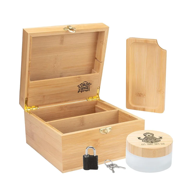 Portable Bamboo Stash Box Set With Glass Jar And Padlock Perfect For ...