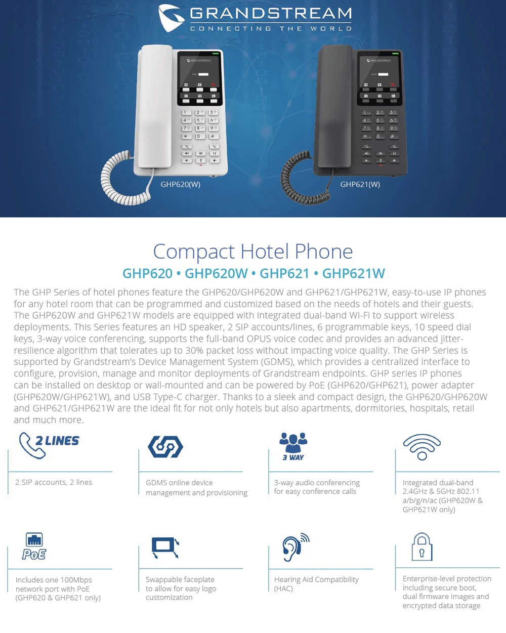 Grandstream hotel phones VoIP GHP620/GHP620W and GHP621/GHP621W ...