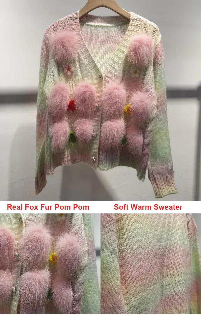 Women Knitted Cardigans With Genuine Fox Fur Pom Pom Casual Long Sleeve ...