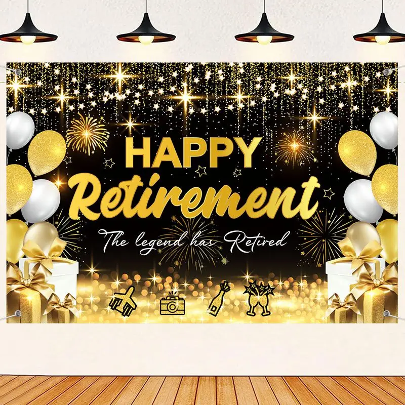 Black And Gold Retirement Party Decorations Fabric Retirement Backdrop ...