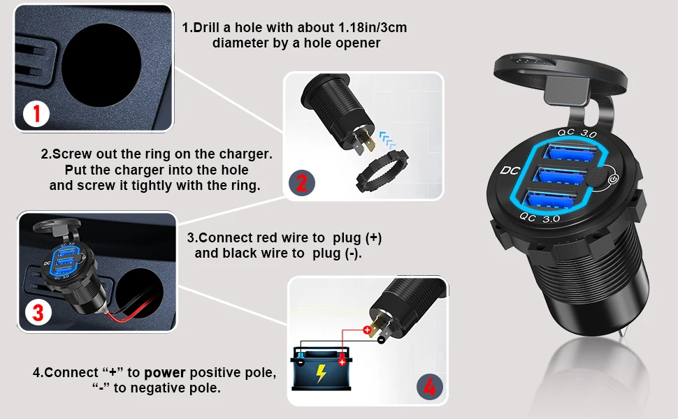 12V -24v USB Outlet 3 Quick Charge3.0 USB Outlet Aluminum Power Adapter ...