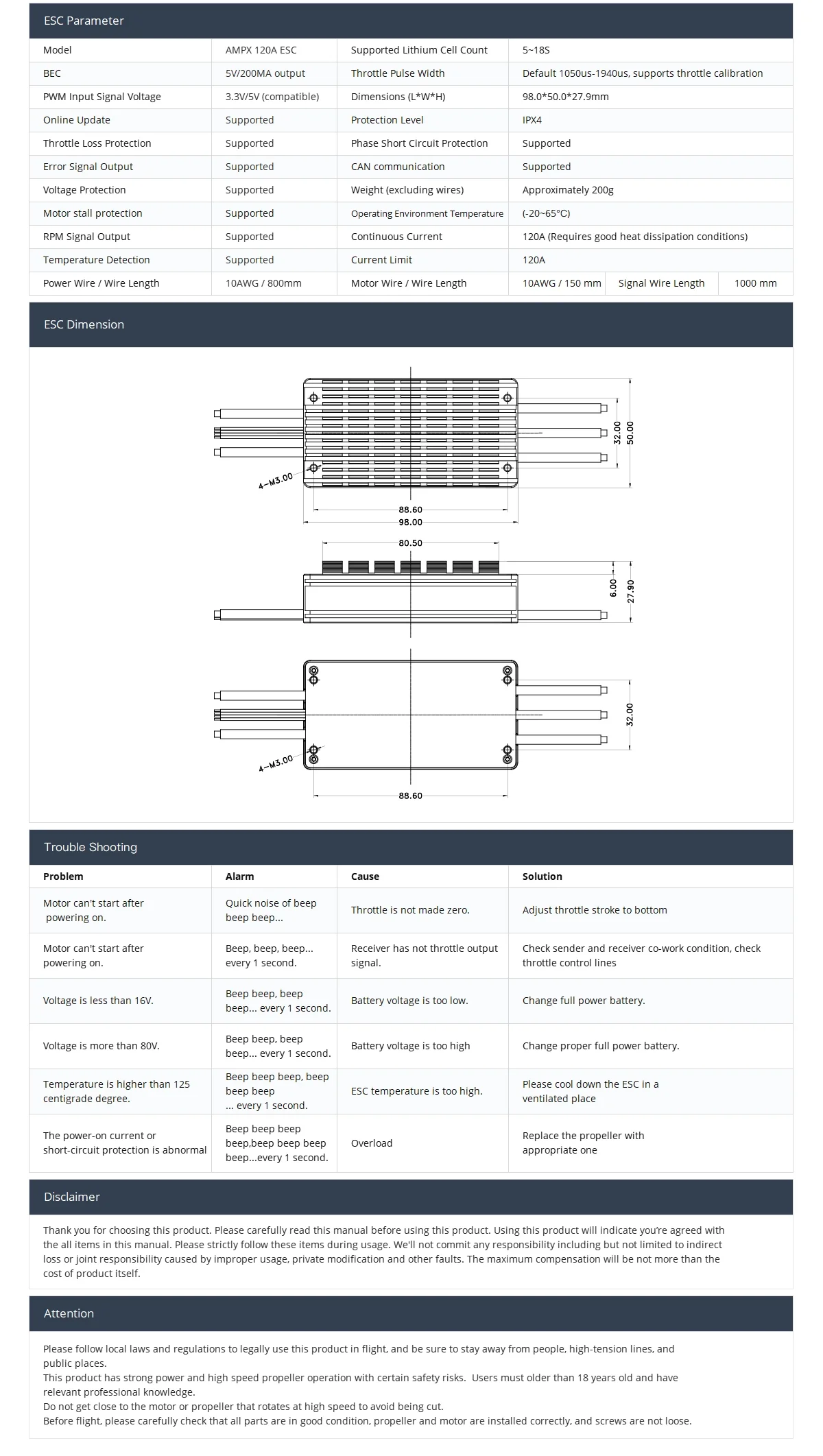 MAD AMPX 120A 5-18S Brushless ESC for Drone Motor Control